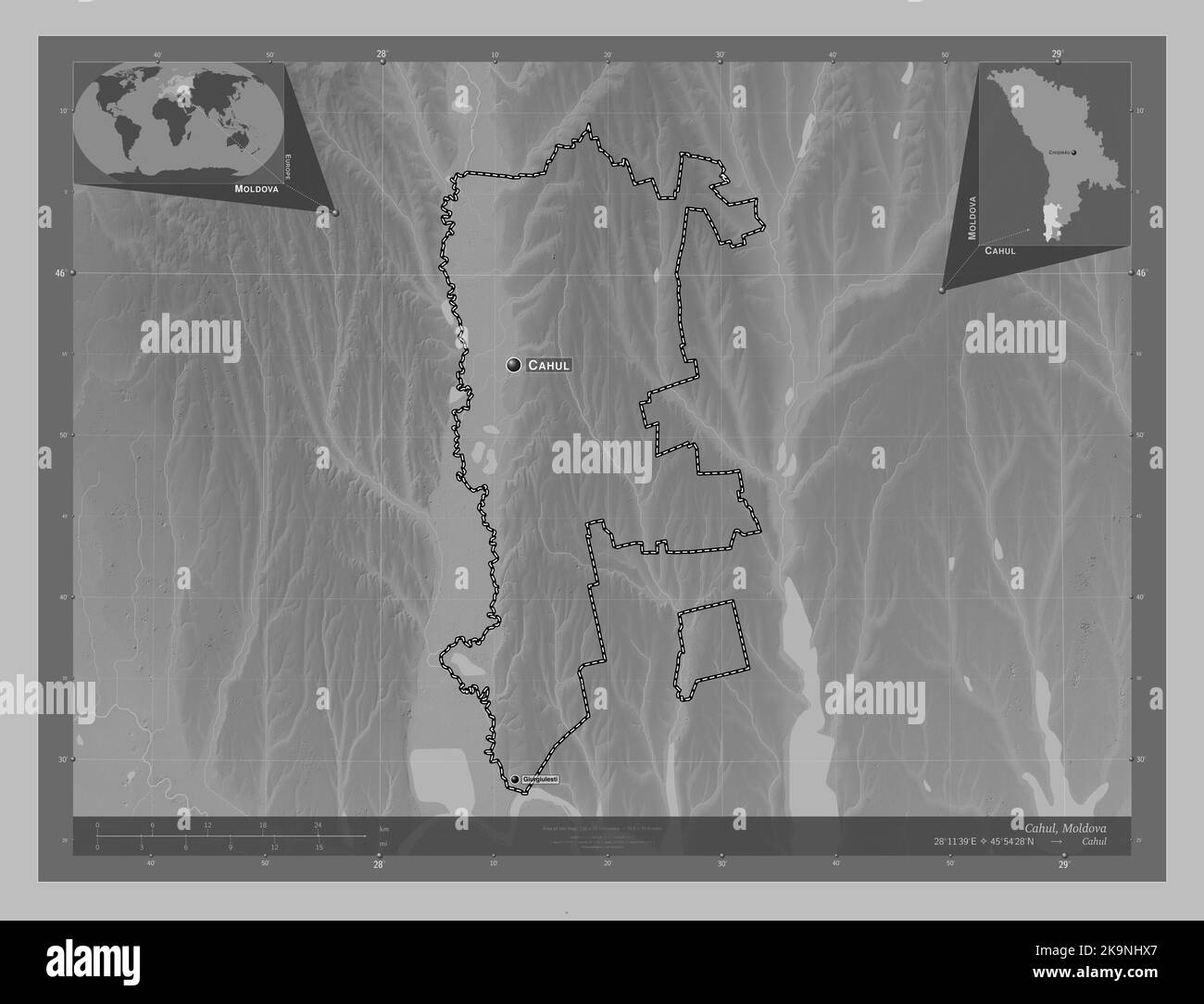 Cahul, district of Moldova. Grayscale elevation map with lakes and ...