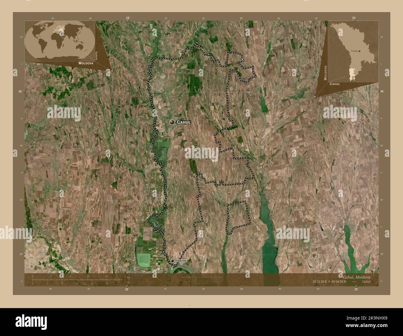 Cahul, district of Moldova. Low resolution satellite map. Locations and ...