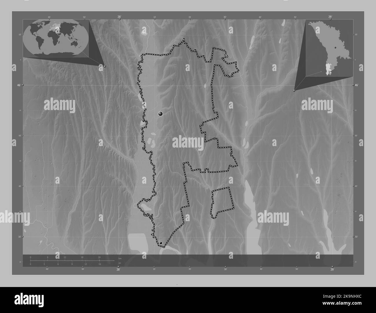 Cahul, district of Moldova. Grayscale elevation map with lakes and ...