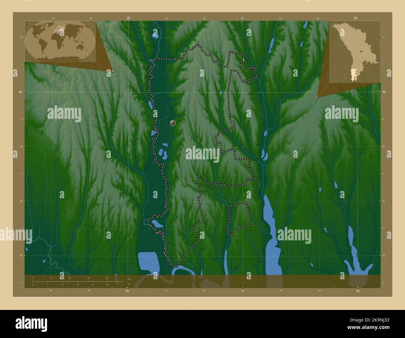 Cahul, district of Moldova. Colored elevation map with lakes and rivers ...