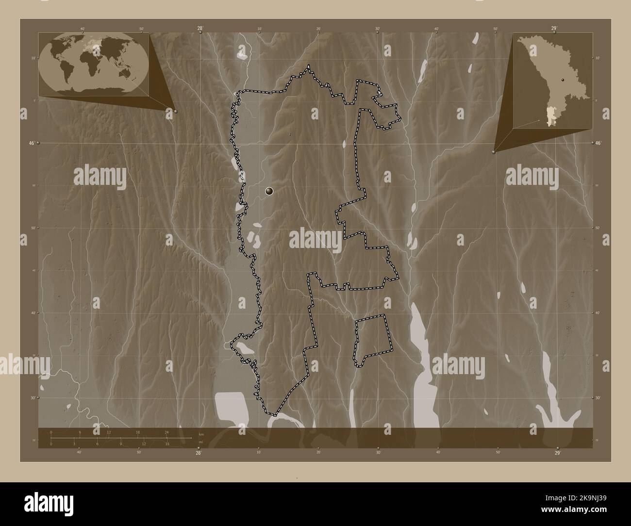 Cahul, district of Moldova. Elevation map colored in sepia tones with ...