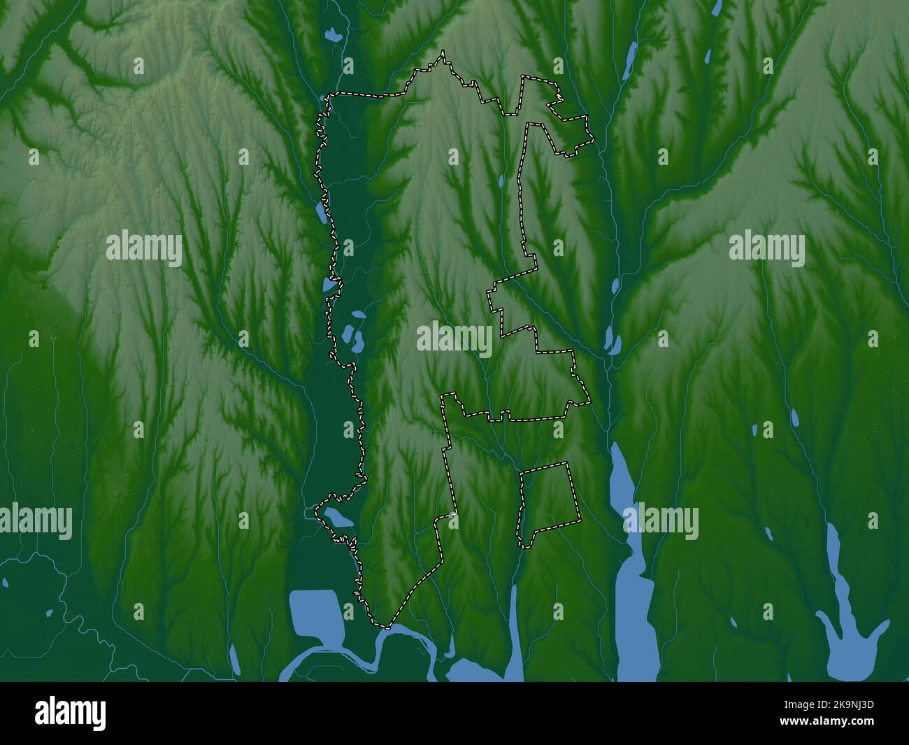Cahul, district of Moldova. Colored elevation map with lakes and rivers ...