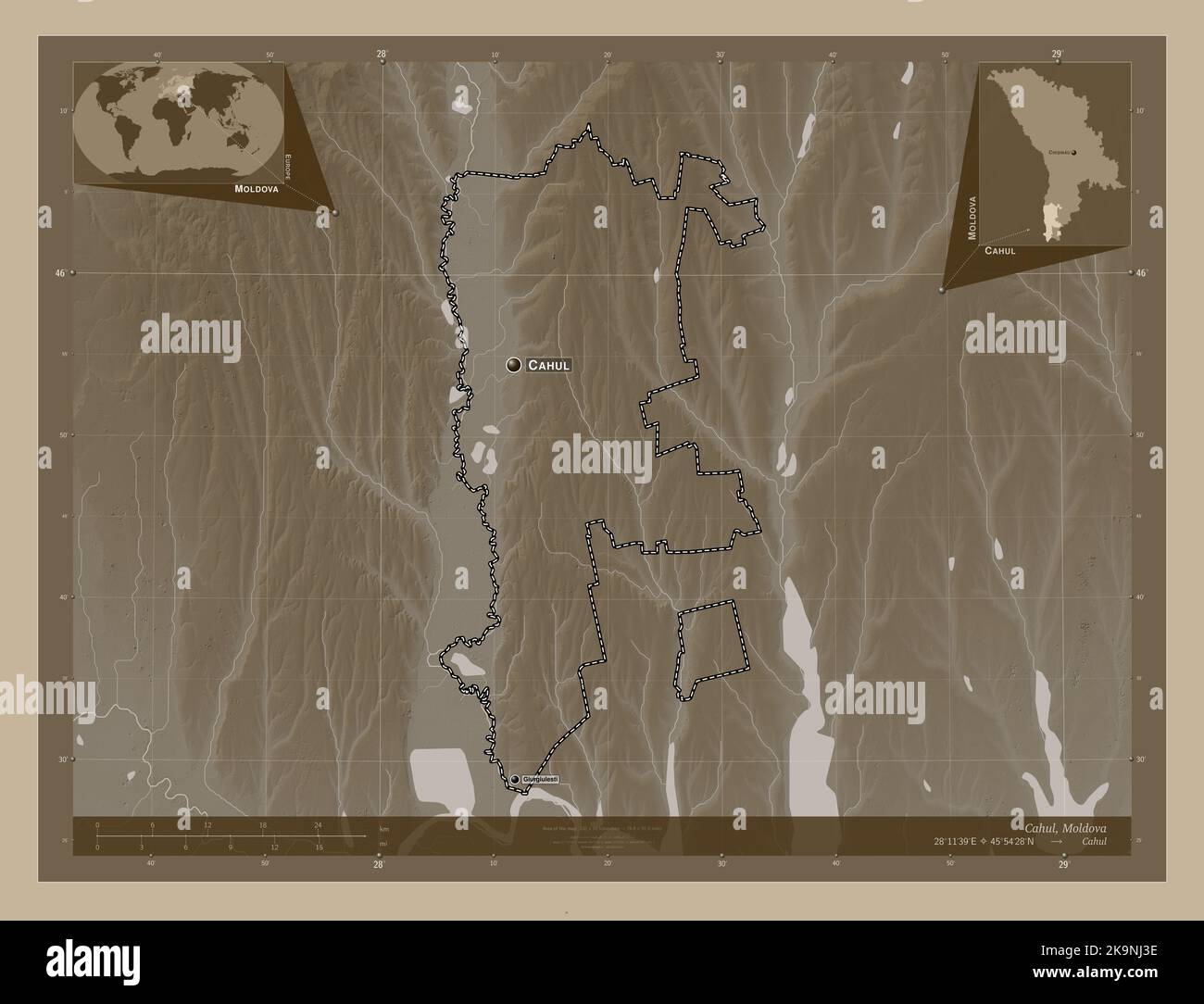 Cahul, district of Moldova. Elevation map colored in sepia tones with ...