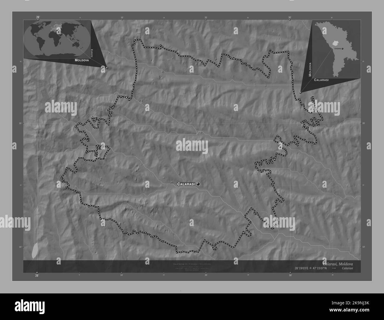 Calarasi, district of Moldova. Bilevel elevation map with lakes and ...