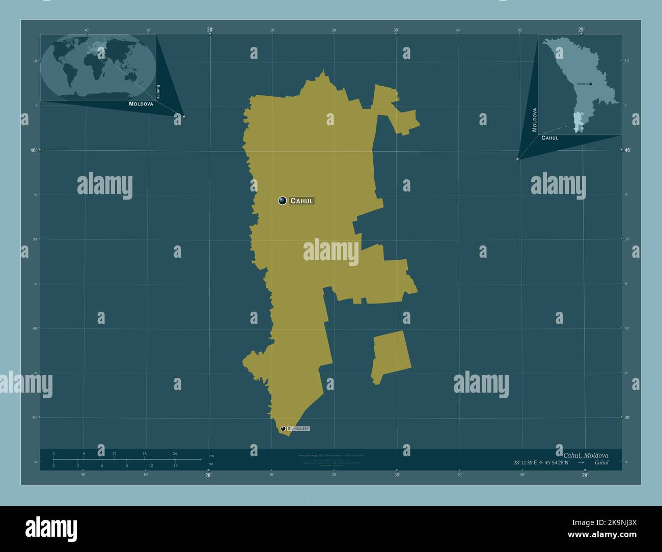 Cahul, district of Moldova. Solid color shape. Locations and names of ...