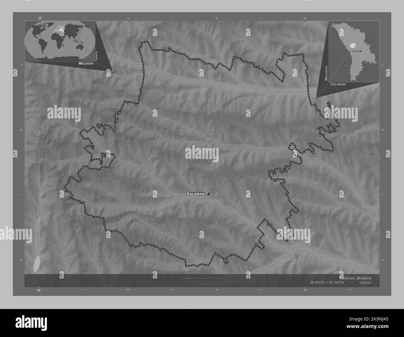 Calarasi, district of Moldova. Grayscale elevation map with lakes and ...