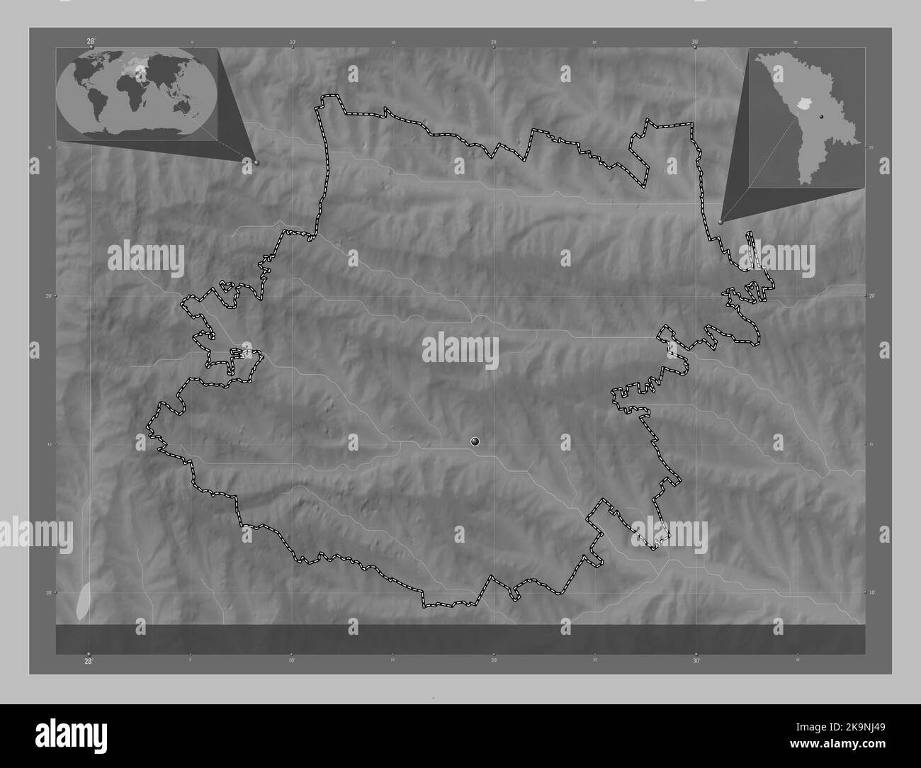 Calarasi, district of Moldova. Grayscale elevation map with lakes and ...