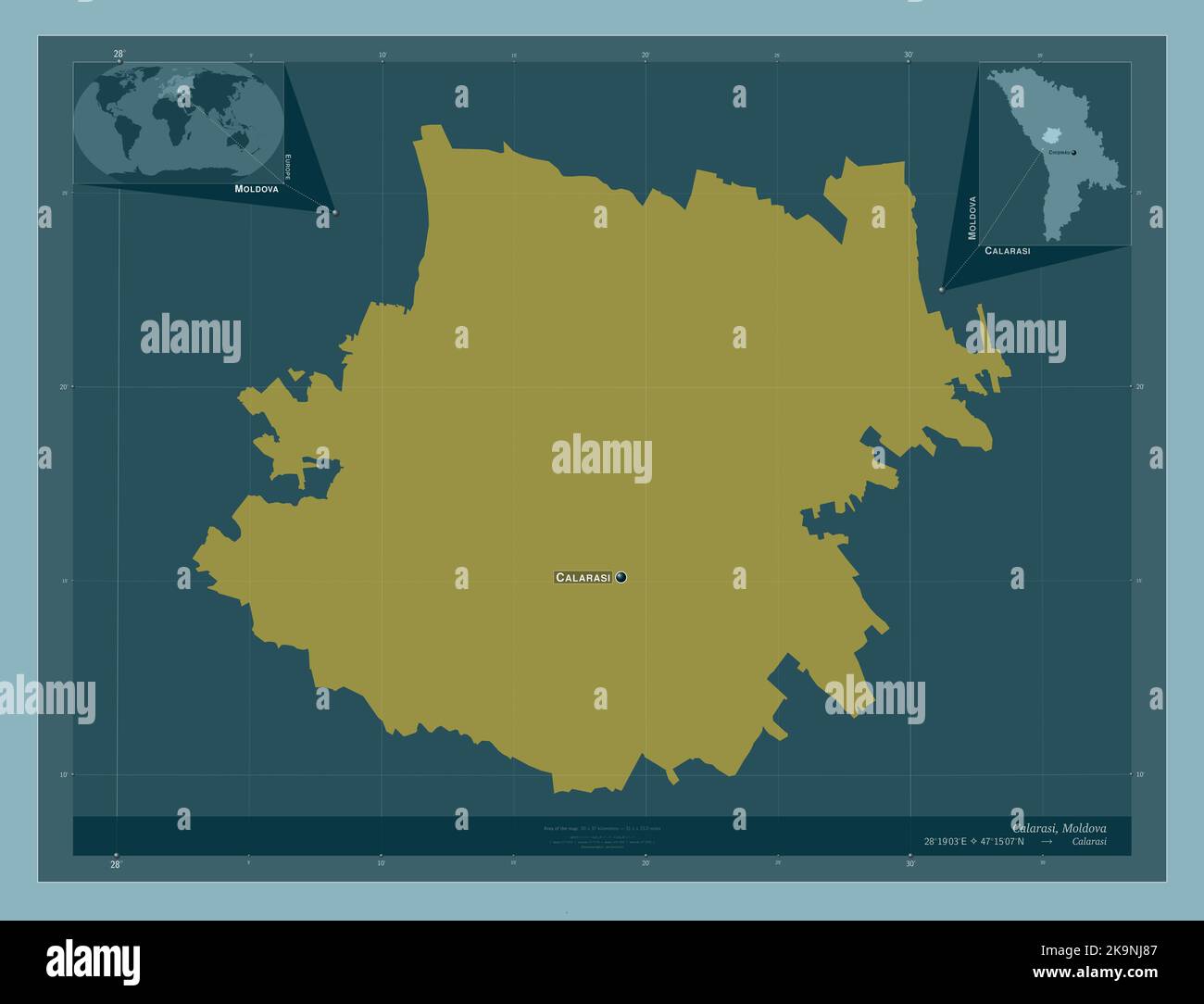 Calarasi, district of Moldova. Solid color shape. Locations and names ...