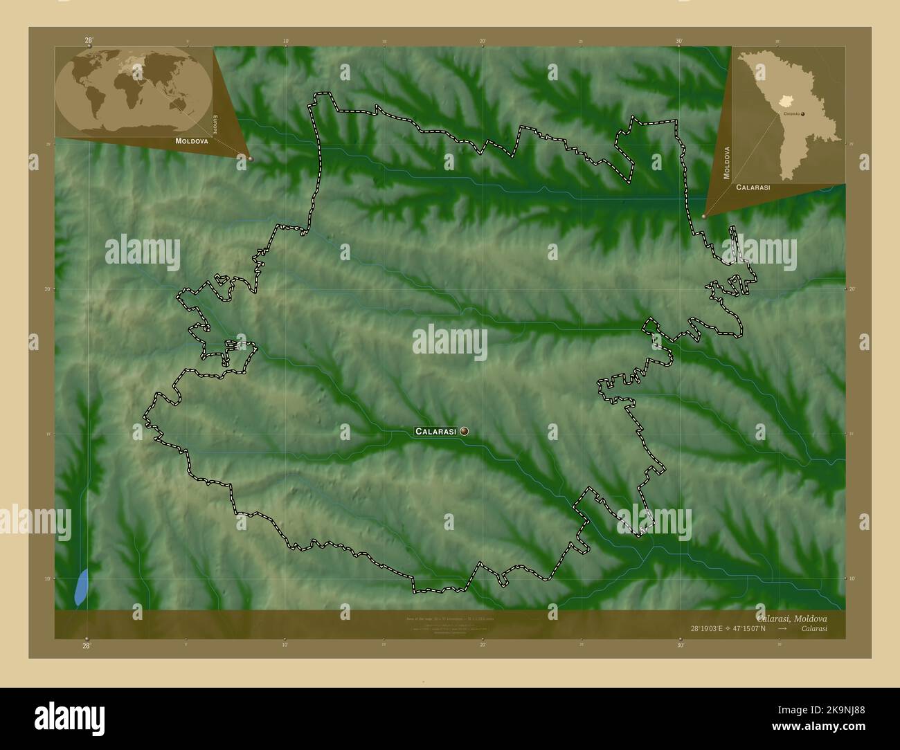 Calarasi, district of Moldova. Colored elevation map with lakes and ...
