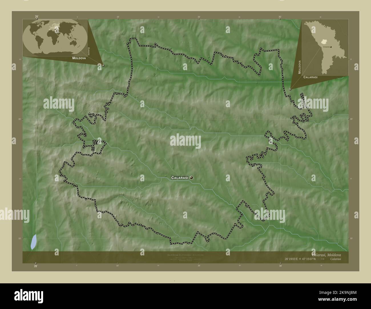 Calarasi, district of Moldova. Elevation map colored in wiki style with ...