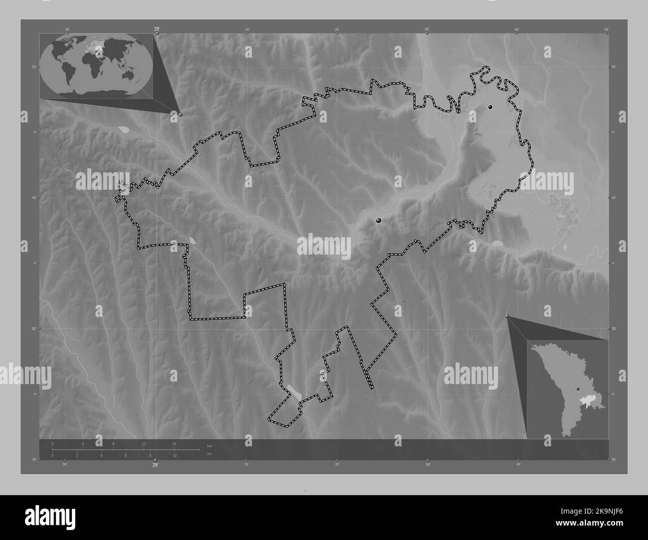 Causeni, district of Moldova. Grayscale elevation map with lakes and ...