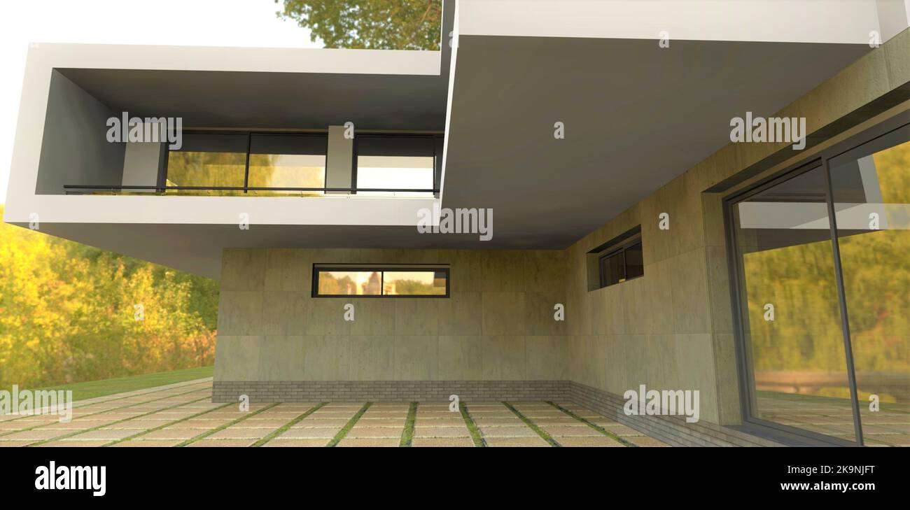 Cobblestone courtyard of a modern minimalist house. Concrete wall ...
