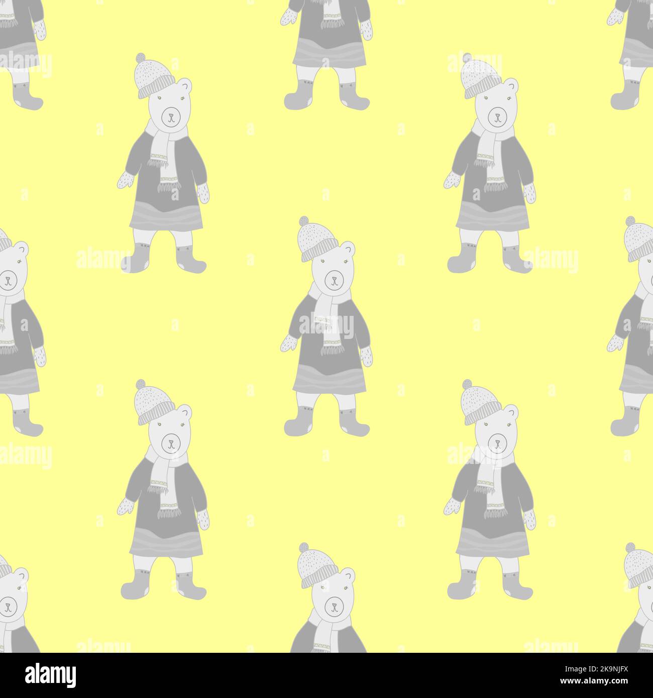 Vector seamless pattern in grey and yellow colors with funny bear ...