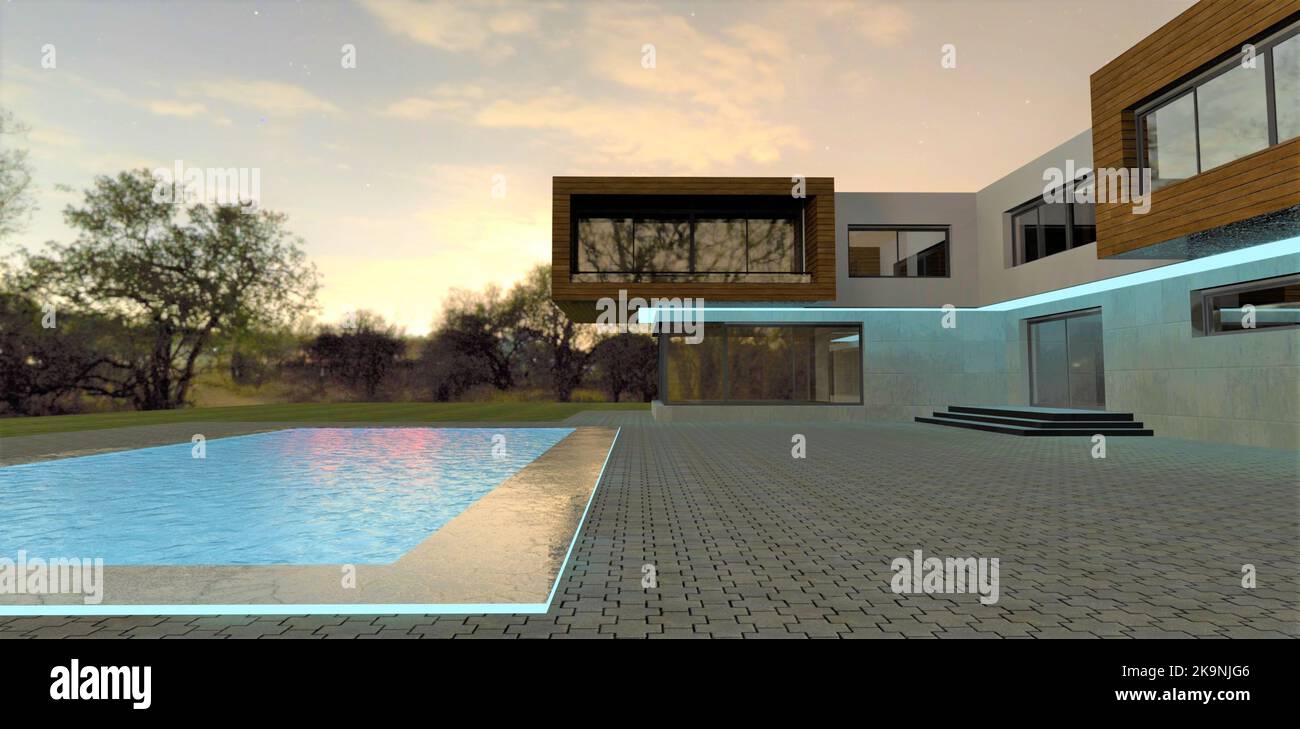 Stunning evening in a courtyard of the contemporaryminimalistic house ...