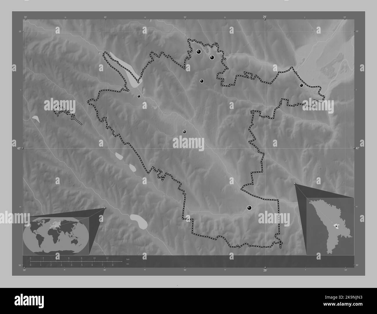 Chisinau, city of Moldova. Grayscale elevation map with lakes and ...