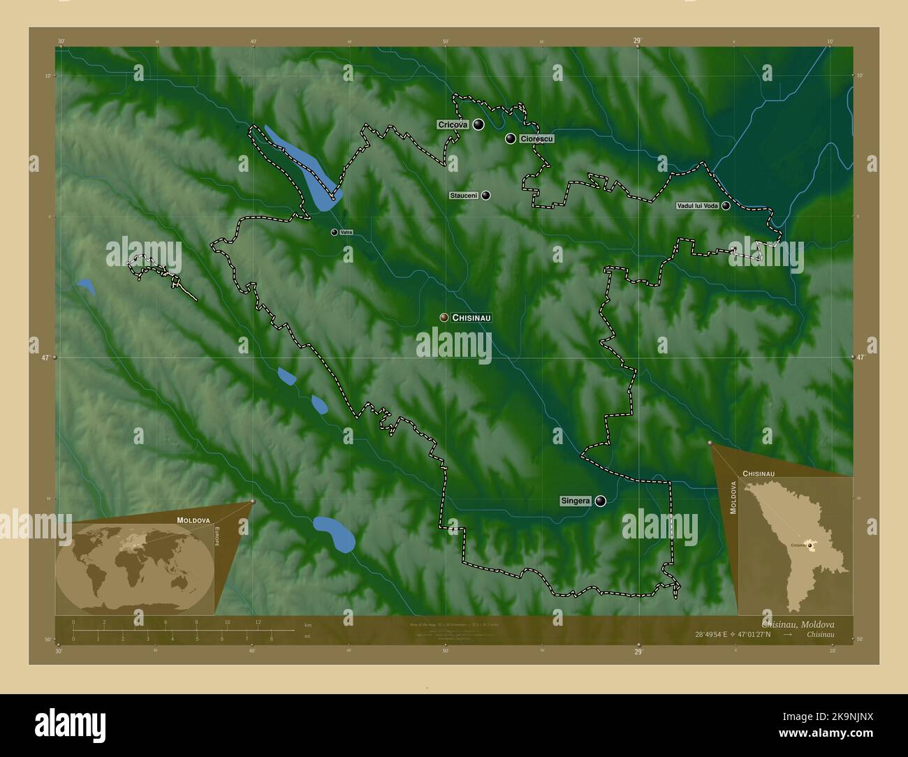 Chisinau, city of Moldova. Colored elevation map with lakes and rivers ...