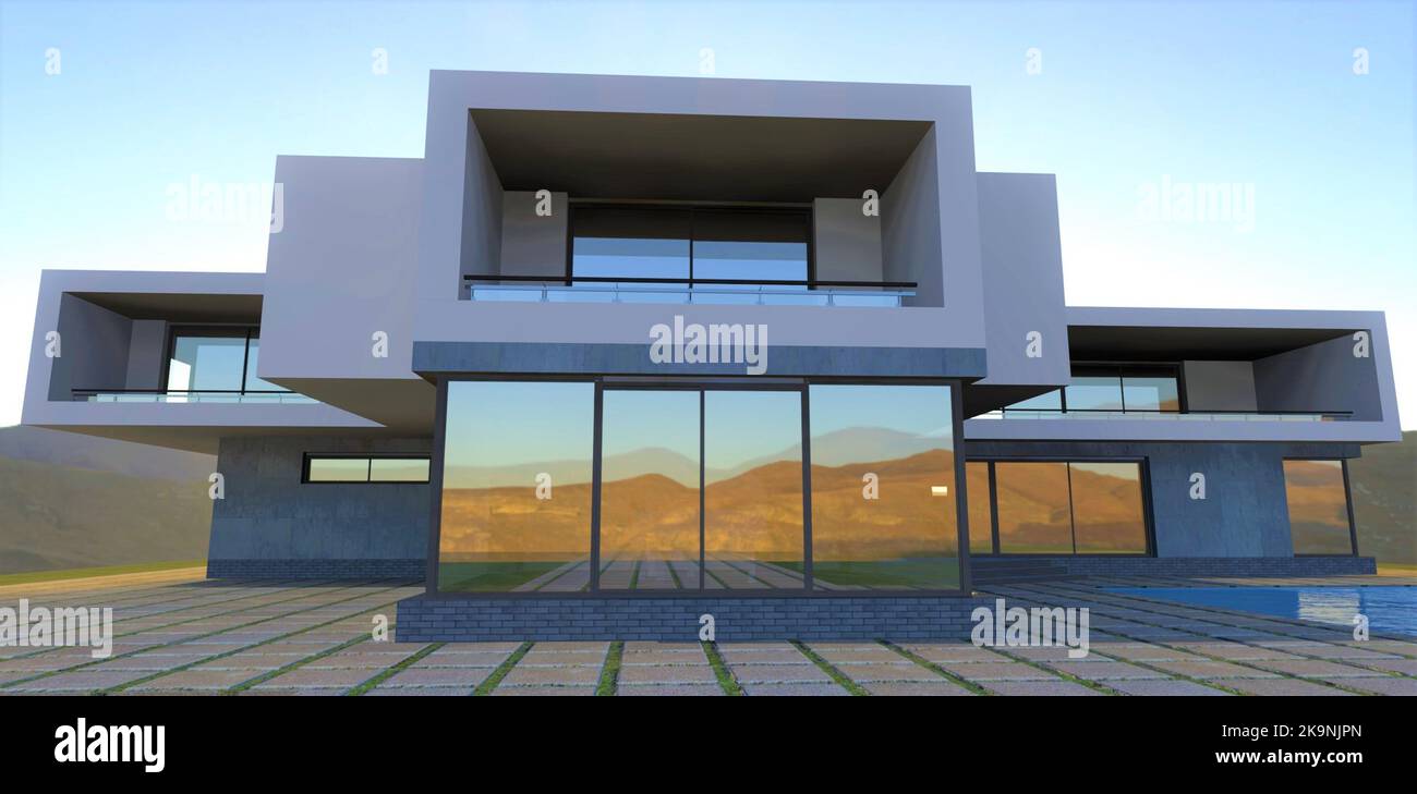 Reflection of the mountain landscape in big panoramic windows of the ...