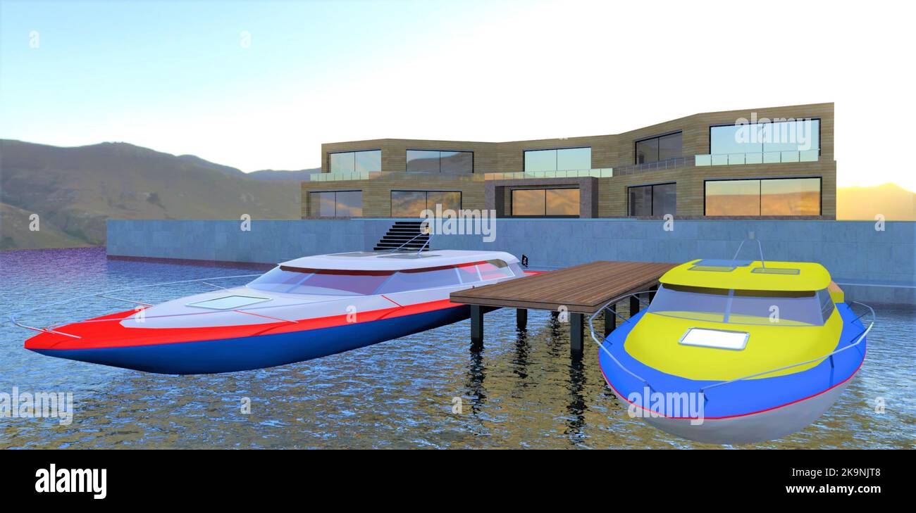Two motor boats at a wooden river jetty near a futuristic country house ...