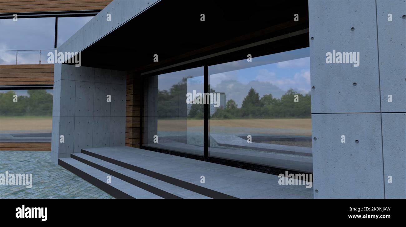 Contemporary entrance to the exclusive design house. Concrete walls of ...