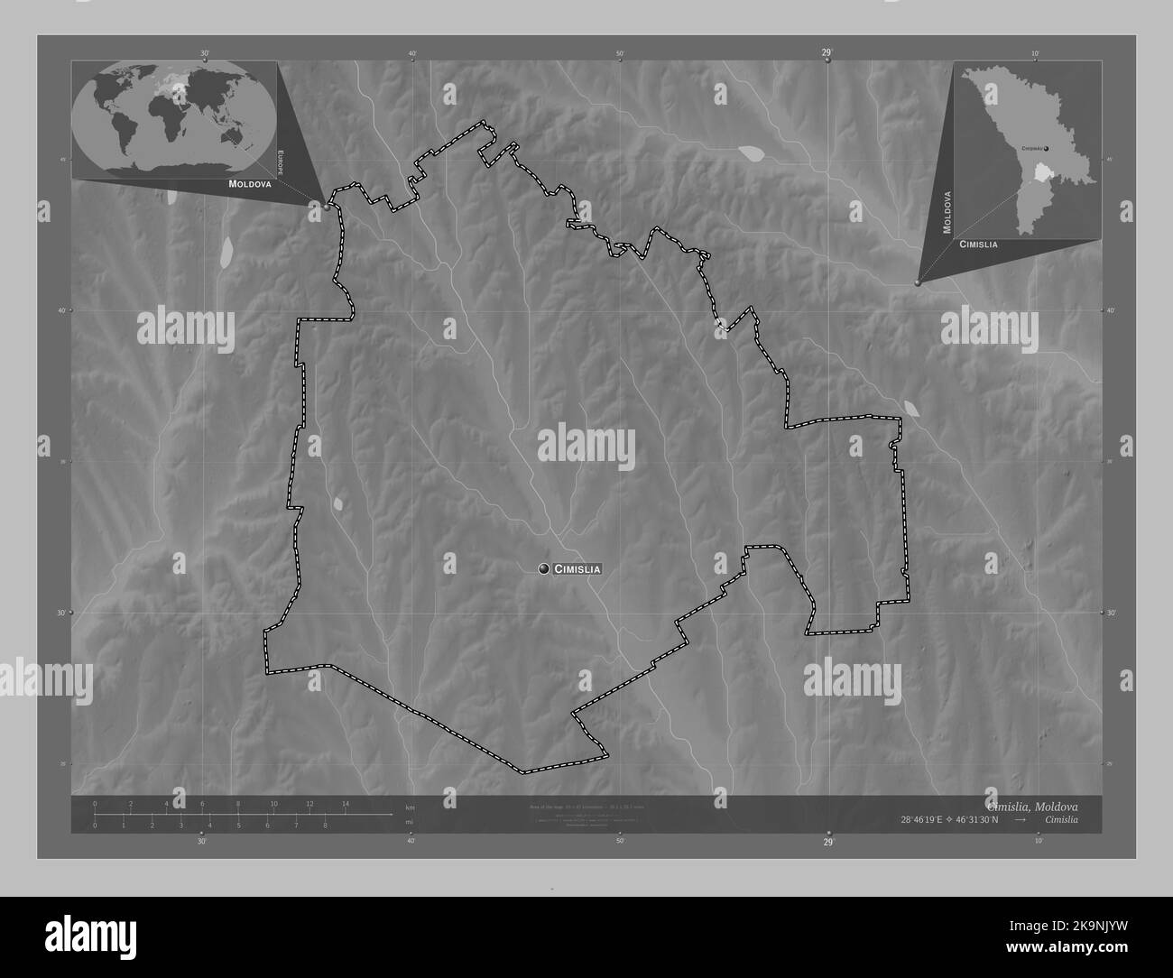 Cimislia, district of Moldova. Grayscale elevation map with lakes and ...