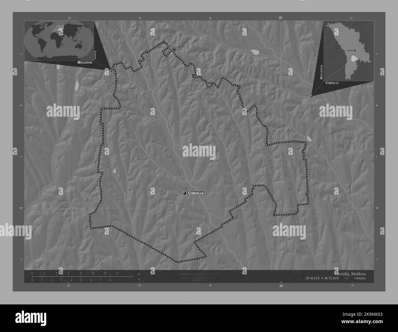 Cimislia, district of Moldova. Bilevel elevation map with lakes and ...