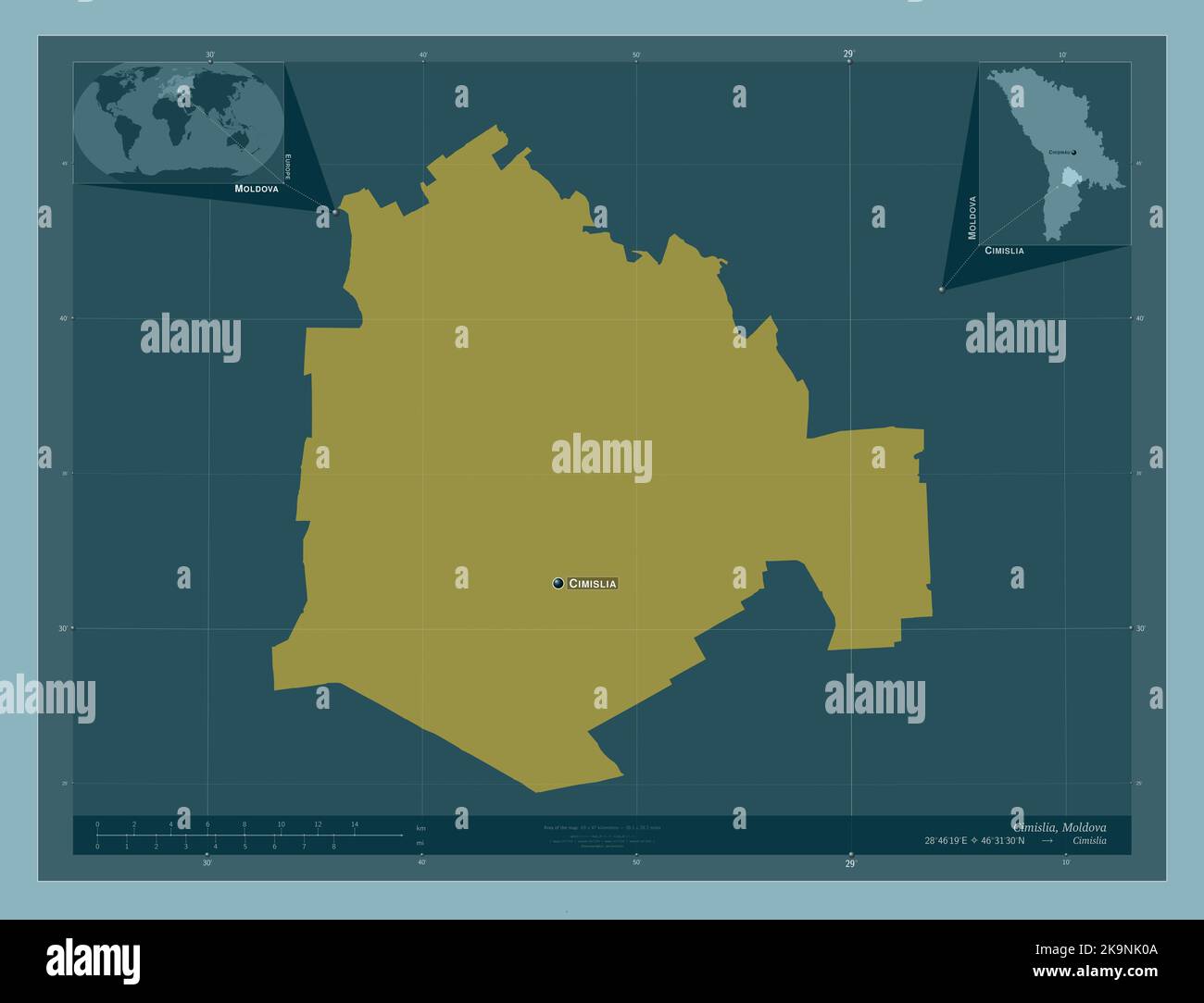 Cimislia, district of Moldova. Solid color shape. Locations and names ...
