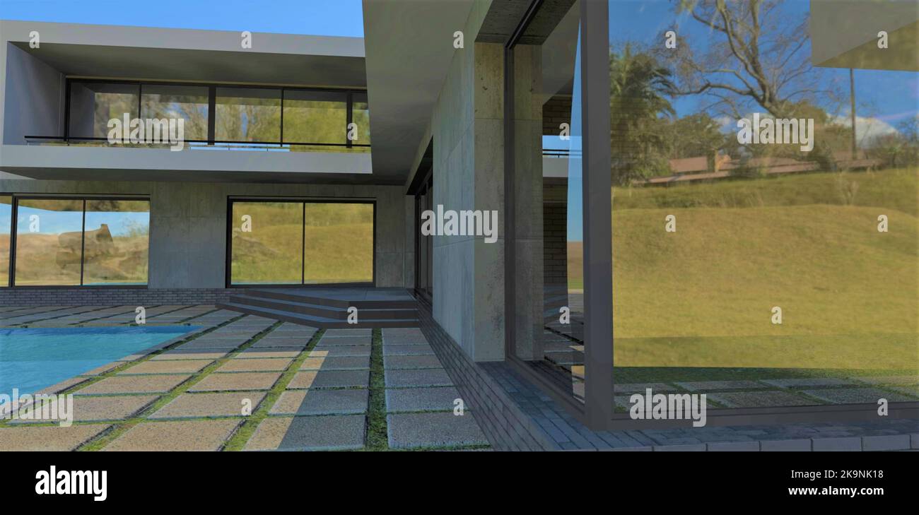 Courtyard of a minimalist estate with a swimming pool. Concrete wall ...