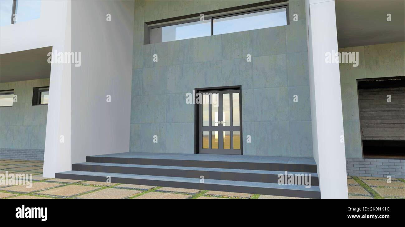 Front entrance to the contemporary minimalistic cottage. Concrete wall ...