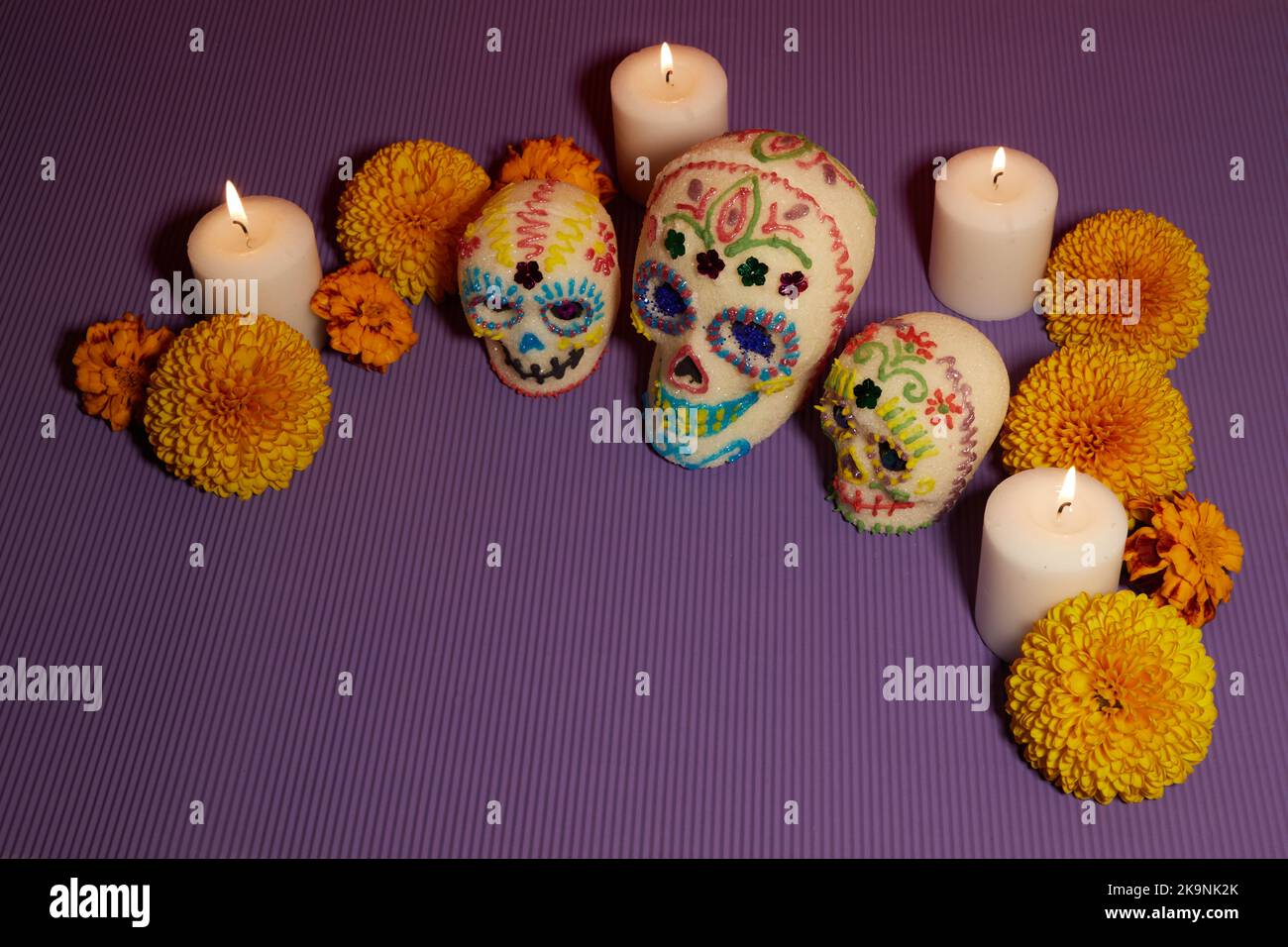 Dia de los muertos - Day of the dead Sugar skull with candles, and ...