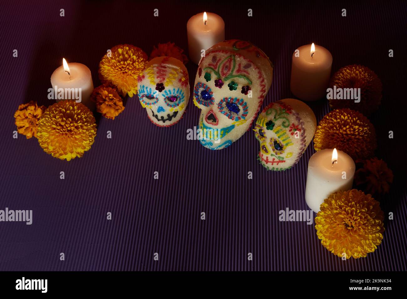 Dia de los muertos - Day of the dead Sugar skull with candles, and ...