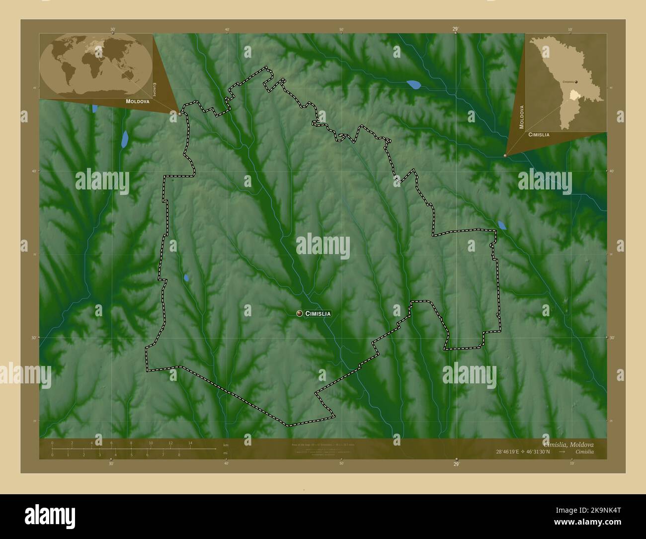 Cimislia, district of Moldova. Colored elevation map with lakes and ...