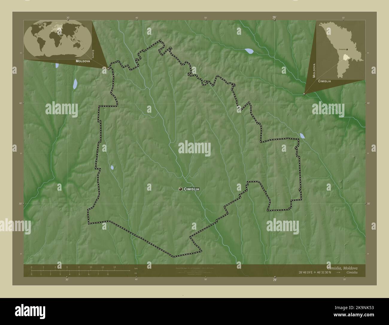 Cimislia, district of Moldova. Elevation map colored in wiki style with ...