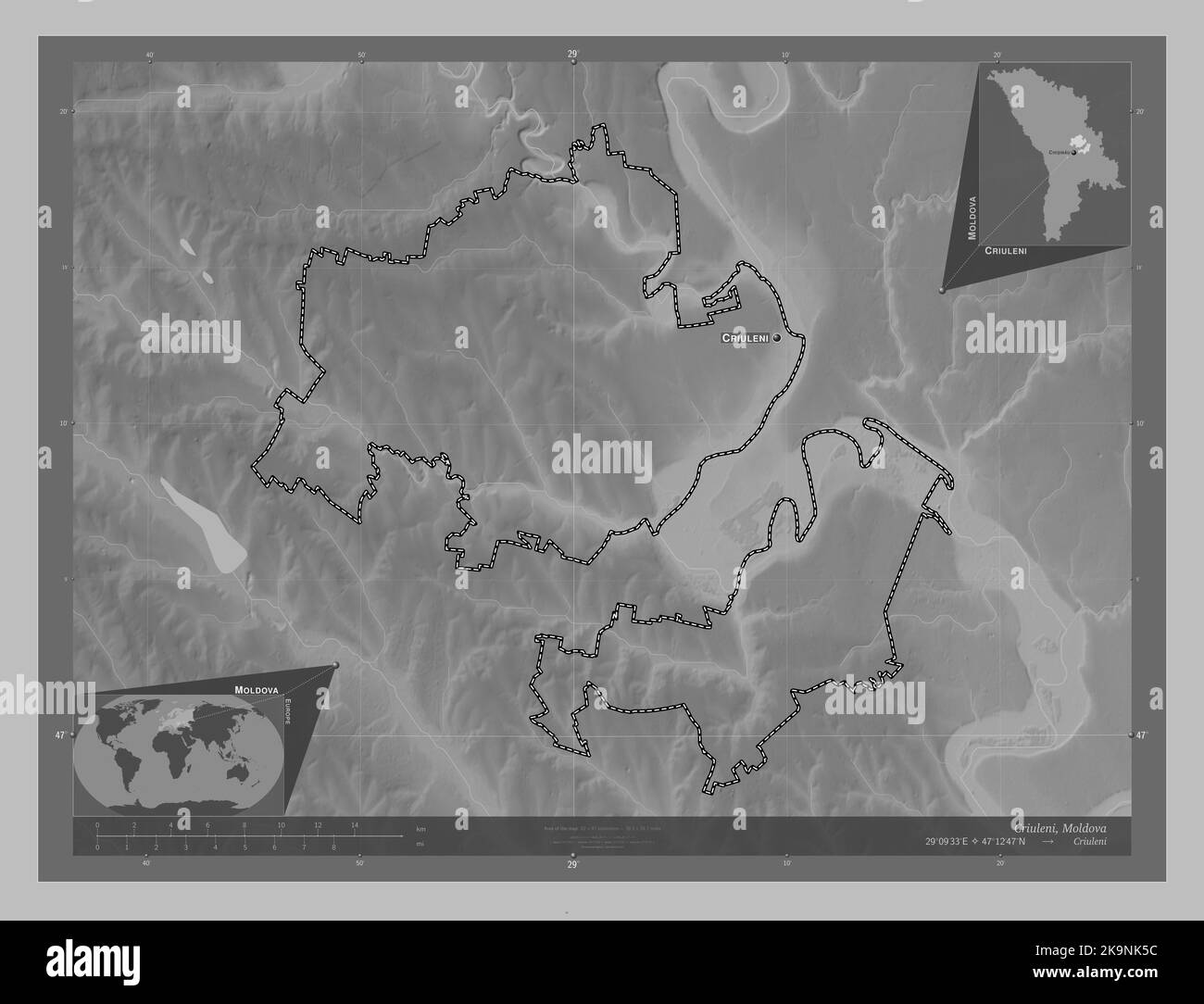Criuleni, district of Moldova. Grayscale elevation map with lakes and ...