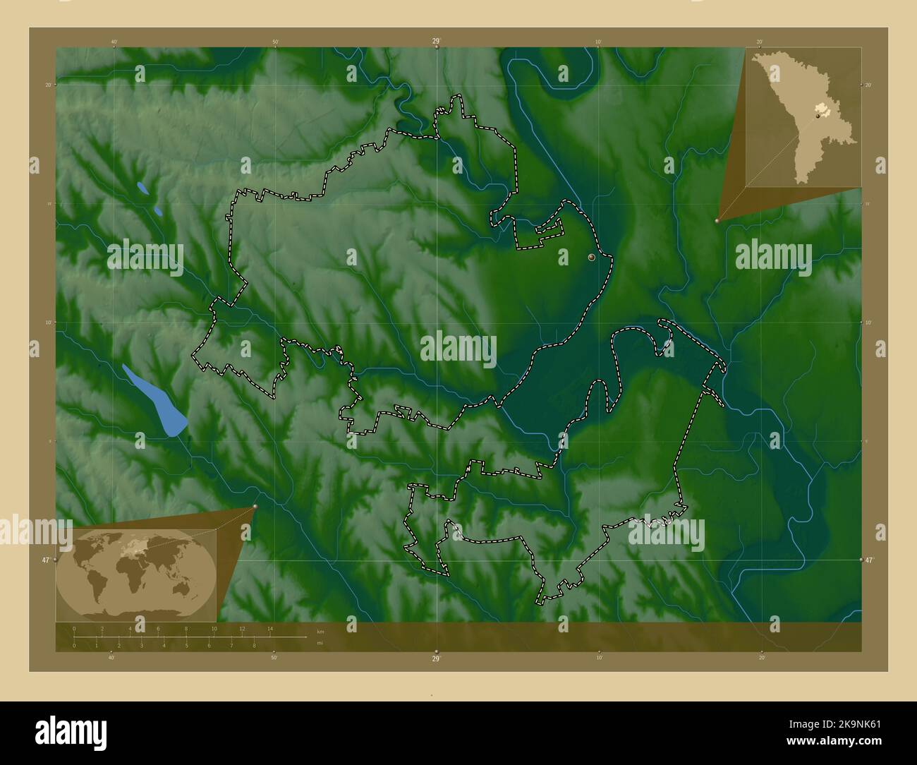 Criuleni, district of Moldova. Colored elevation map with lakes and ...