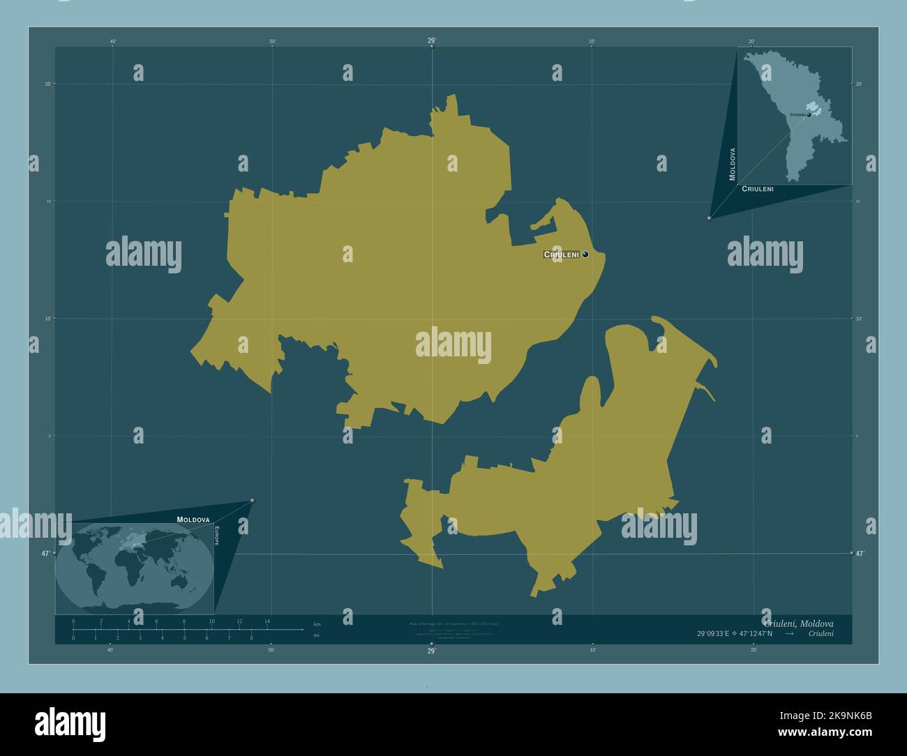 Criuleni, district of Moldova. Solid color shape. Locations and names ...