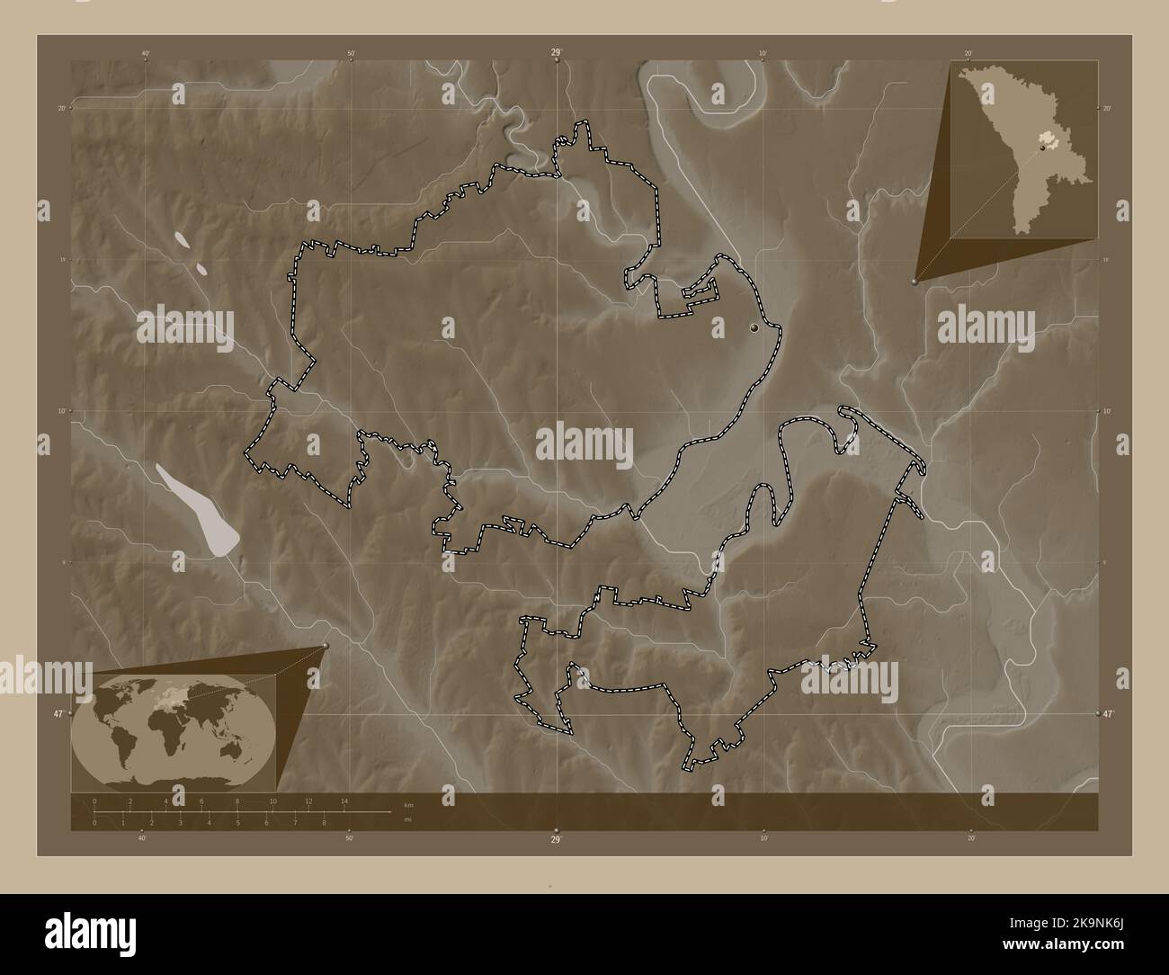 Criuleni, district of Moldova. Elevation map colored in sepia tones ...
