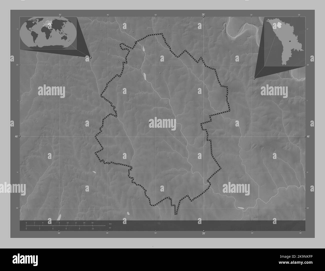 Drochia, district of Moldova. Grayscale elevation map with lakes and ...