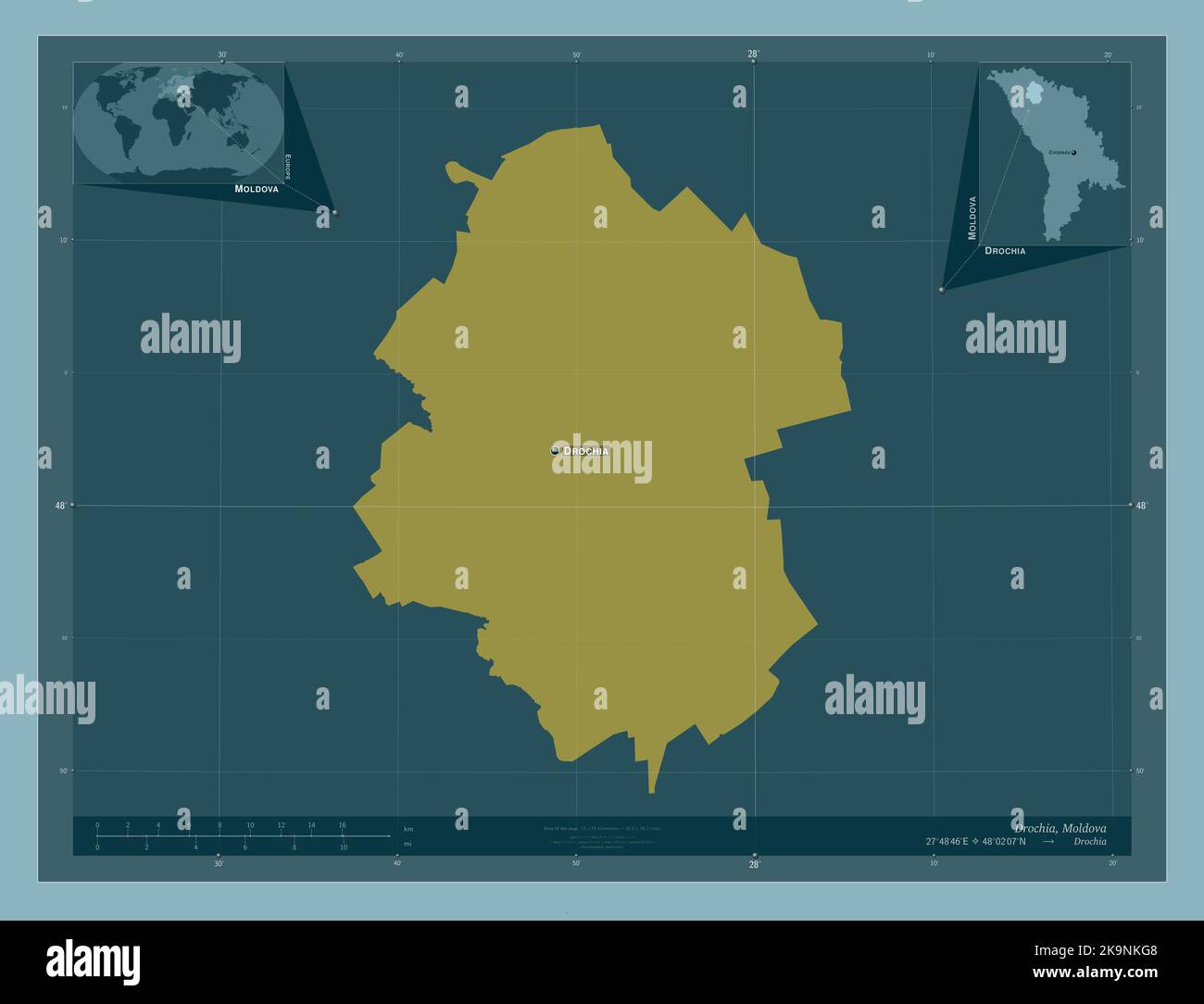 Drochia, district of Moldova. Solid color shape. Locations and names of ...