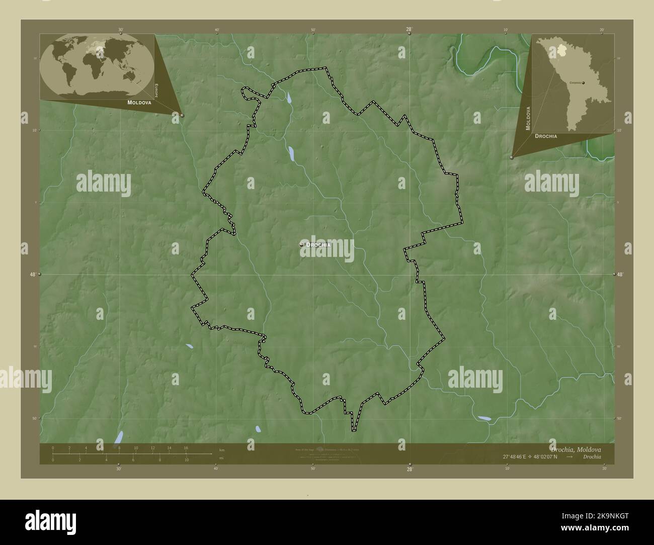 Drochia, district of Moldova. Elevation map colored in wiki style with ...