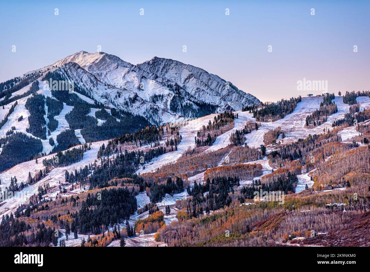 Aerial high angle view of ski resort town city of Aspen, Colorado after ... Aerial high angle view of ski resort town city of Aspen, Colorado after ...