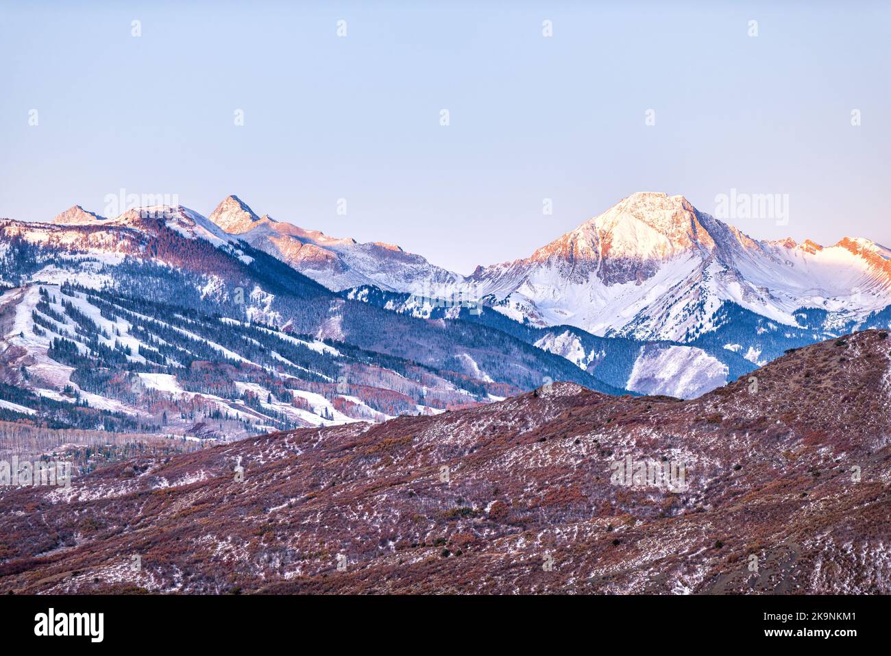 Aspen, Colorado Mt Daly peak in sunlight in Rocky Mountains winter snow ...