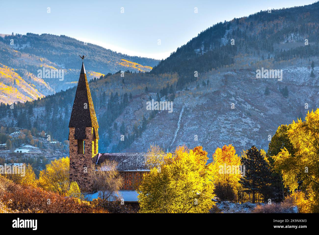 Aspen, Colorado ski resort town with chapel church bell tower building ...