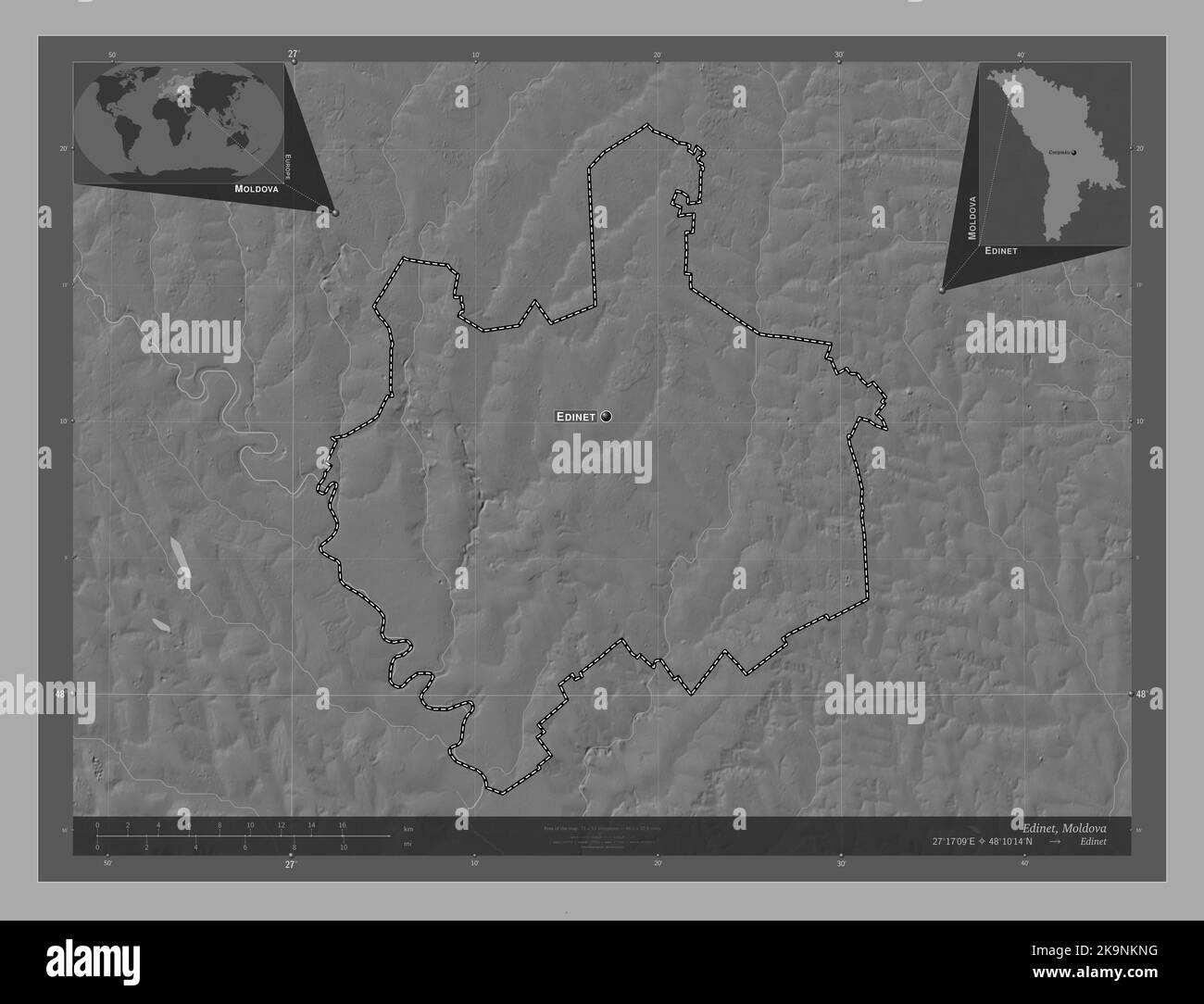 Edinet, district of Moldova. Bilevel elevation map with lakes and ...
