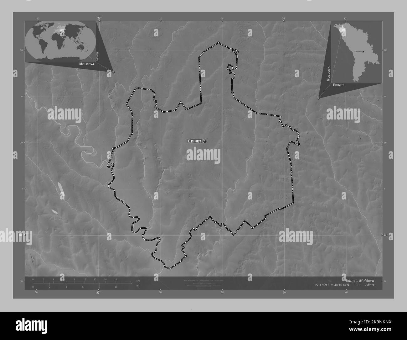 Edinet, district of Moldova. Grayscale elevation map with lakes and ...