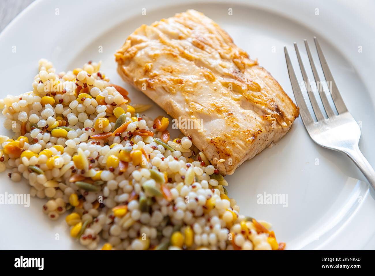 Macro closeup of mahi mahi fish seafood cooked fillet on white plate ...