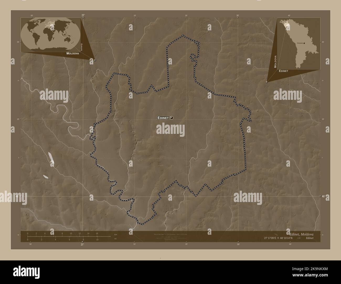 Edinet, district of Moldova. Elevation map colored in sepia tones with ...