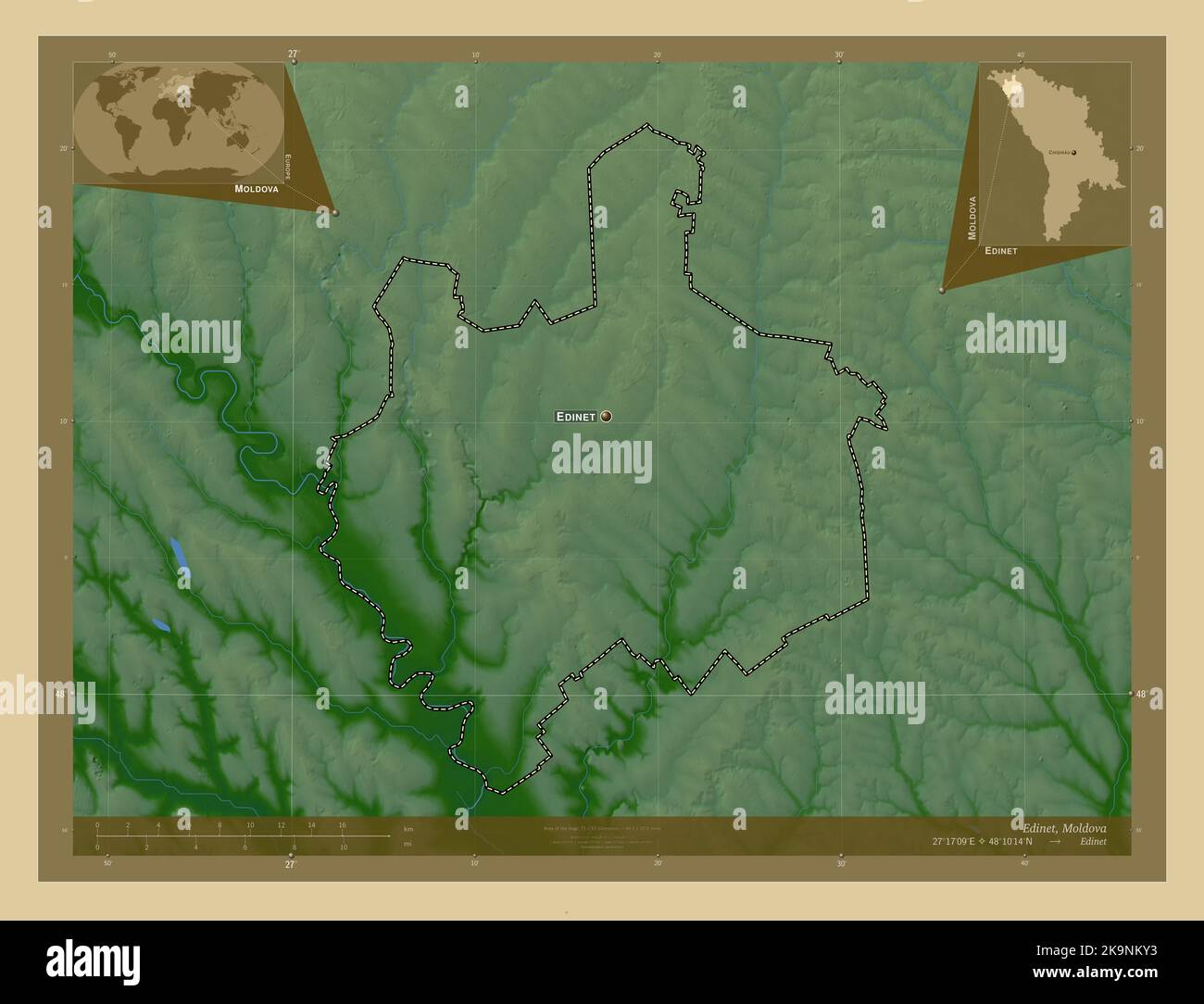 Edinet, district of Moldova. Colored elevation map with lakes and ...