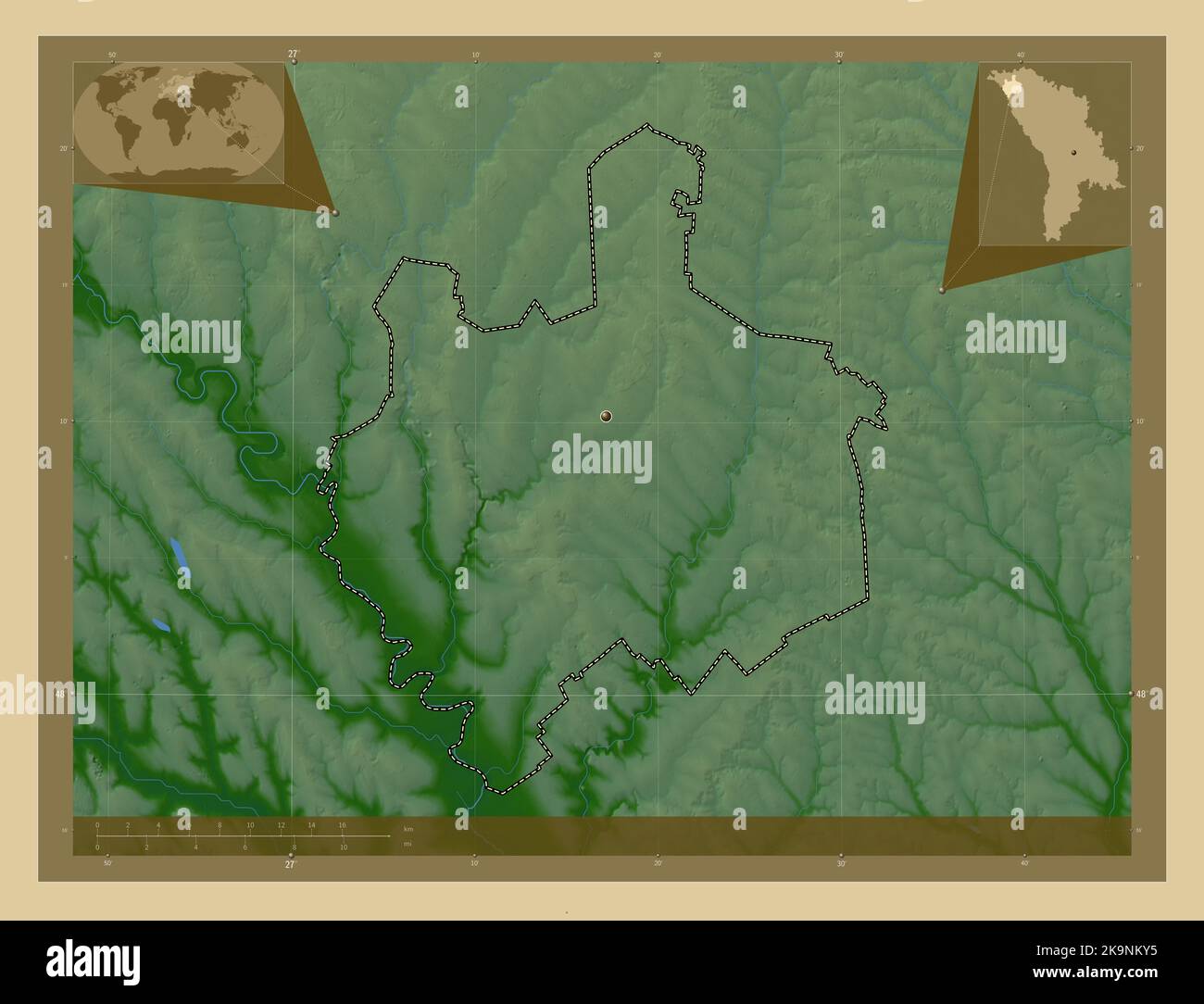 Edinet, district of Moldova. Colored elevation map with lakes and ...