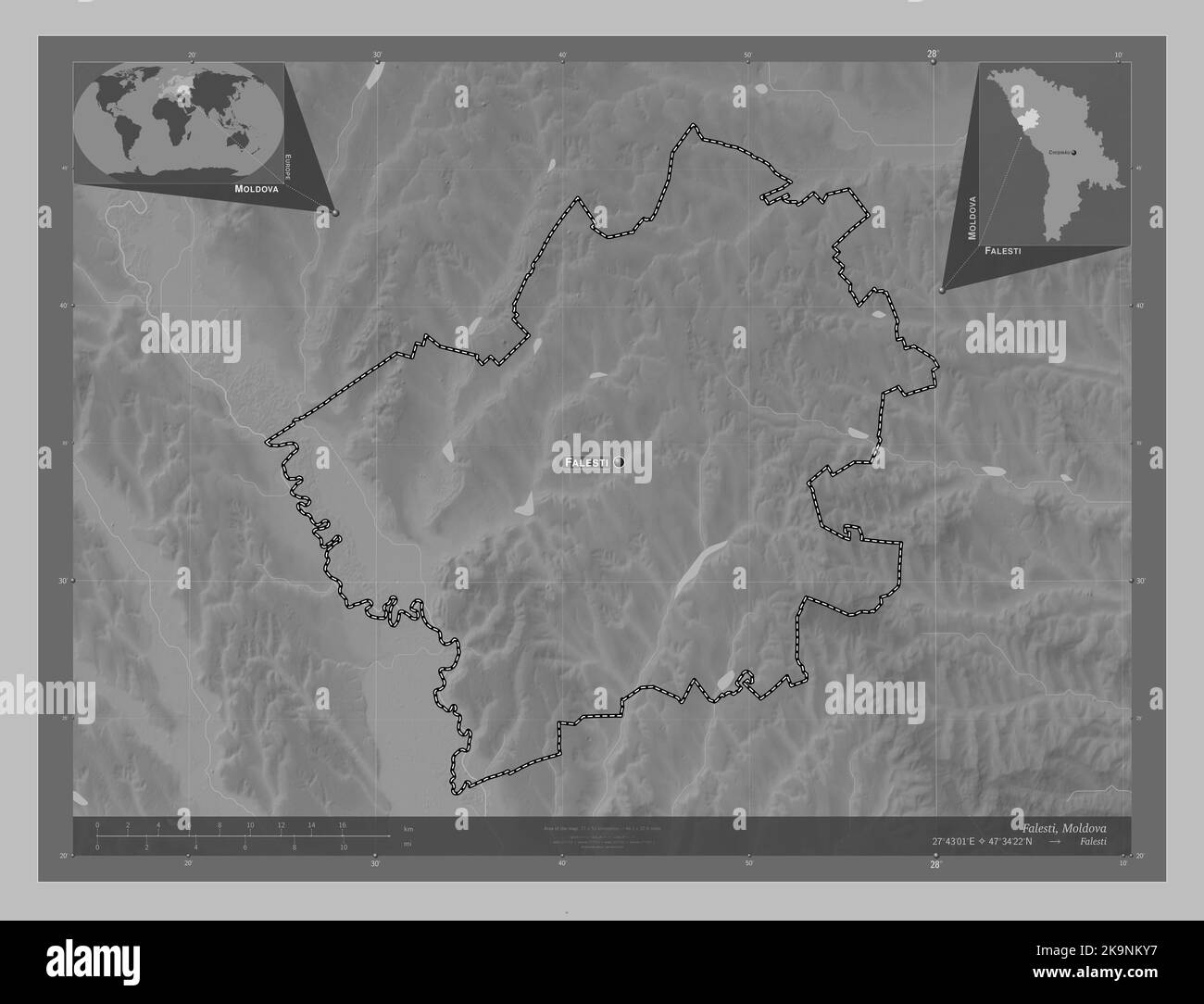 Falesti, district of Moldova. Grayscale elevation map with lakes and ...