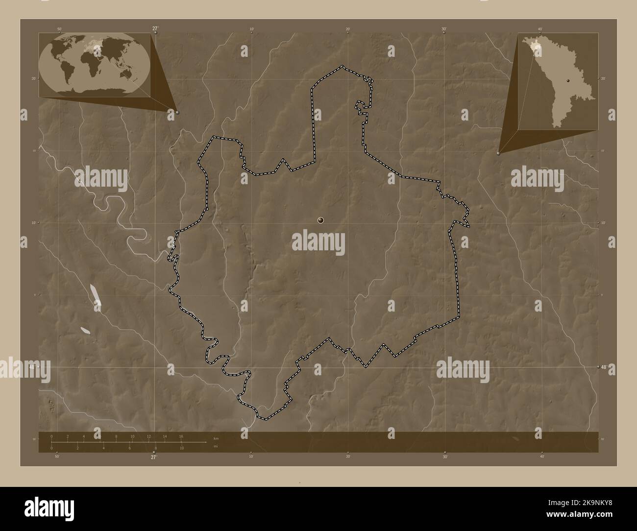 Edinet, district of Moldova. Elevation map colored in sepia tones with ...